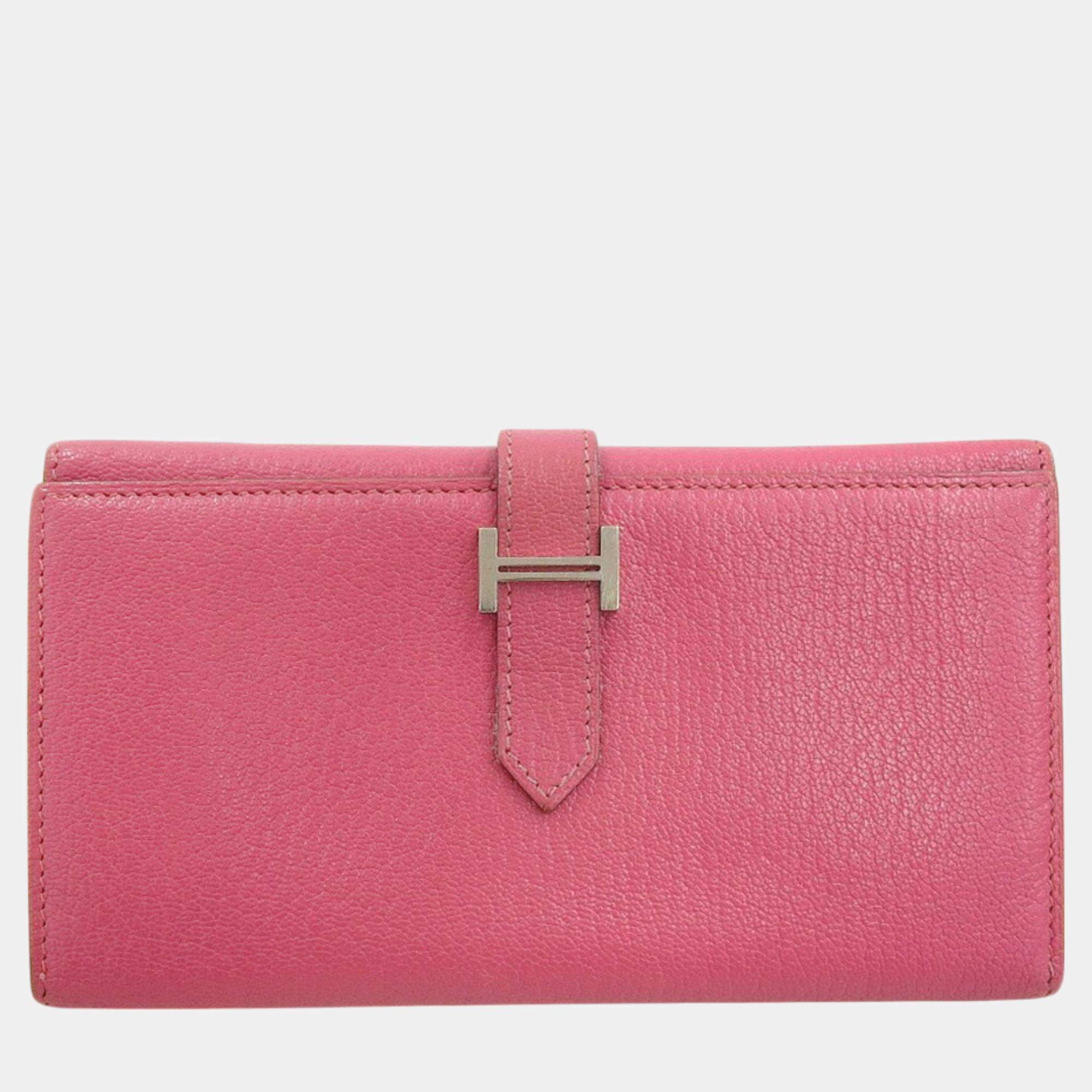 Hermes Red Chevre Leather Bearn Long Wallet