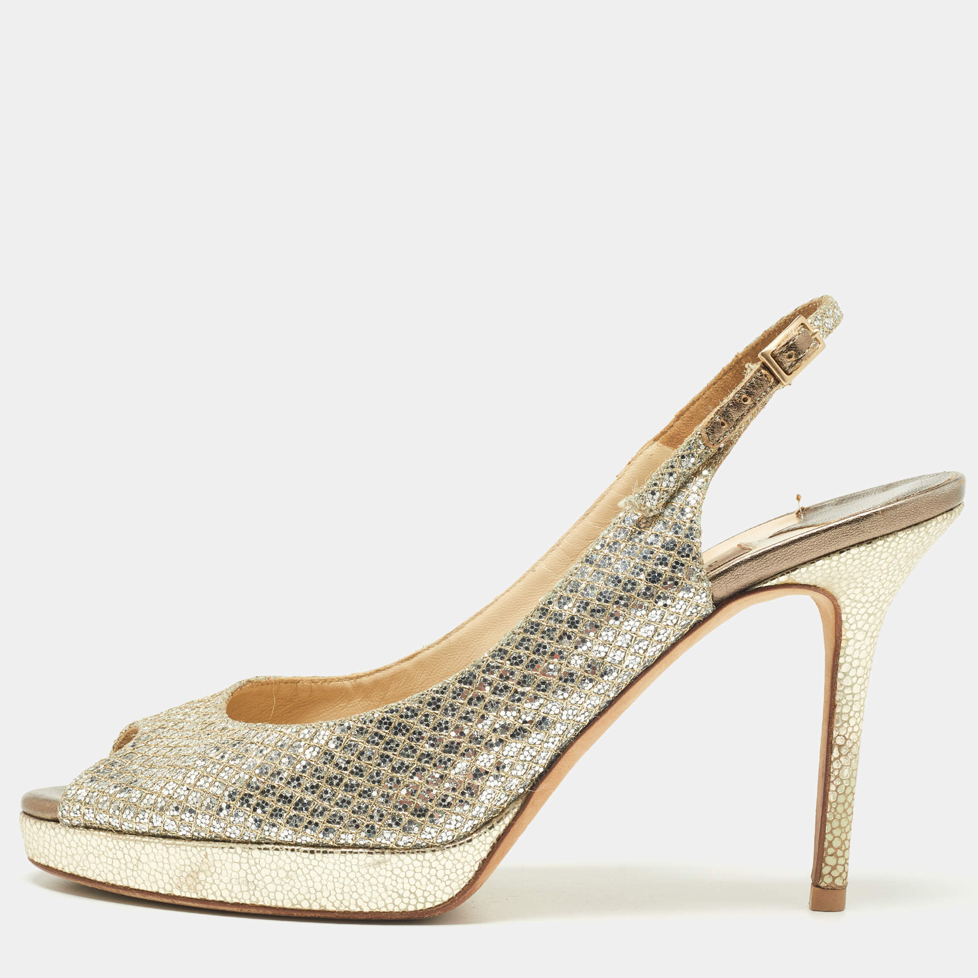 Jimmy Choo Gold Glitter and Leather Peep Toe Slingback Sandals Size 38. ...