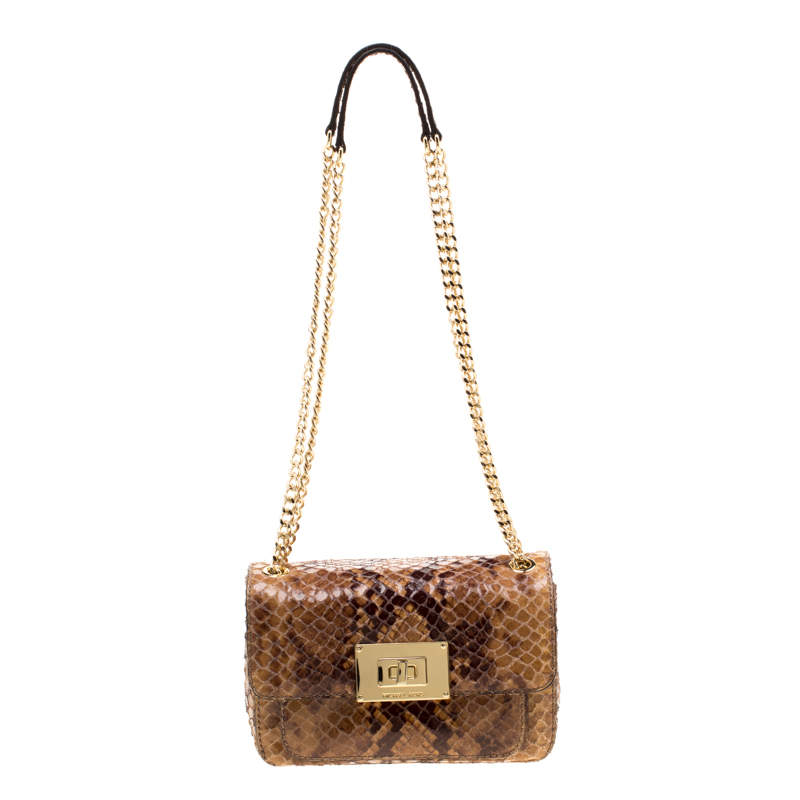 MICHAEL Michael Kors Brown Python Embossed Patent Leather Turnlock ...