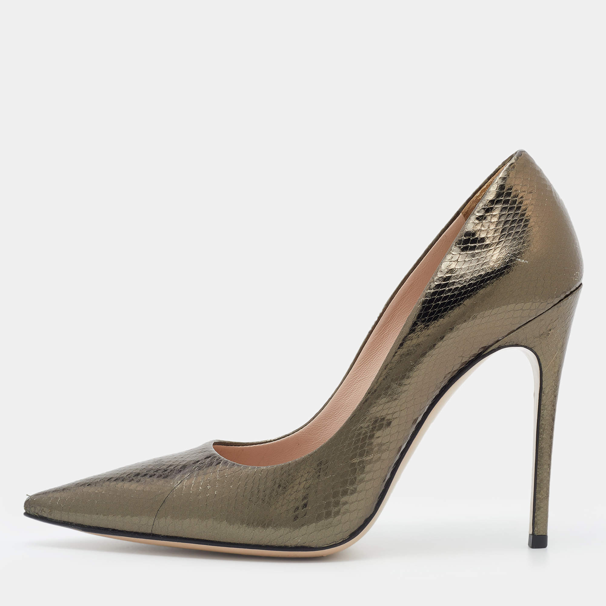 Miu Miu Metallic Bronze Snakeskin Embossed Leather Pointed Toe Pumps ...