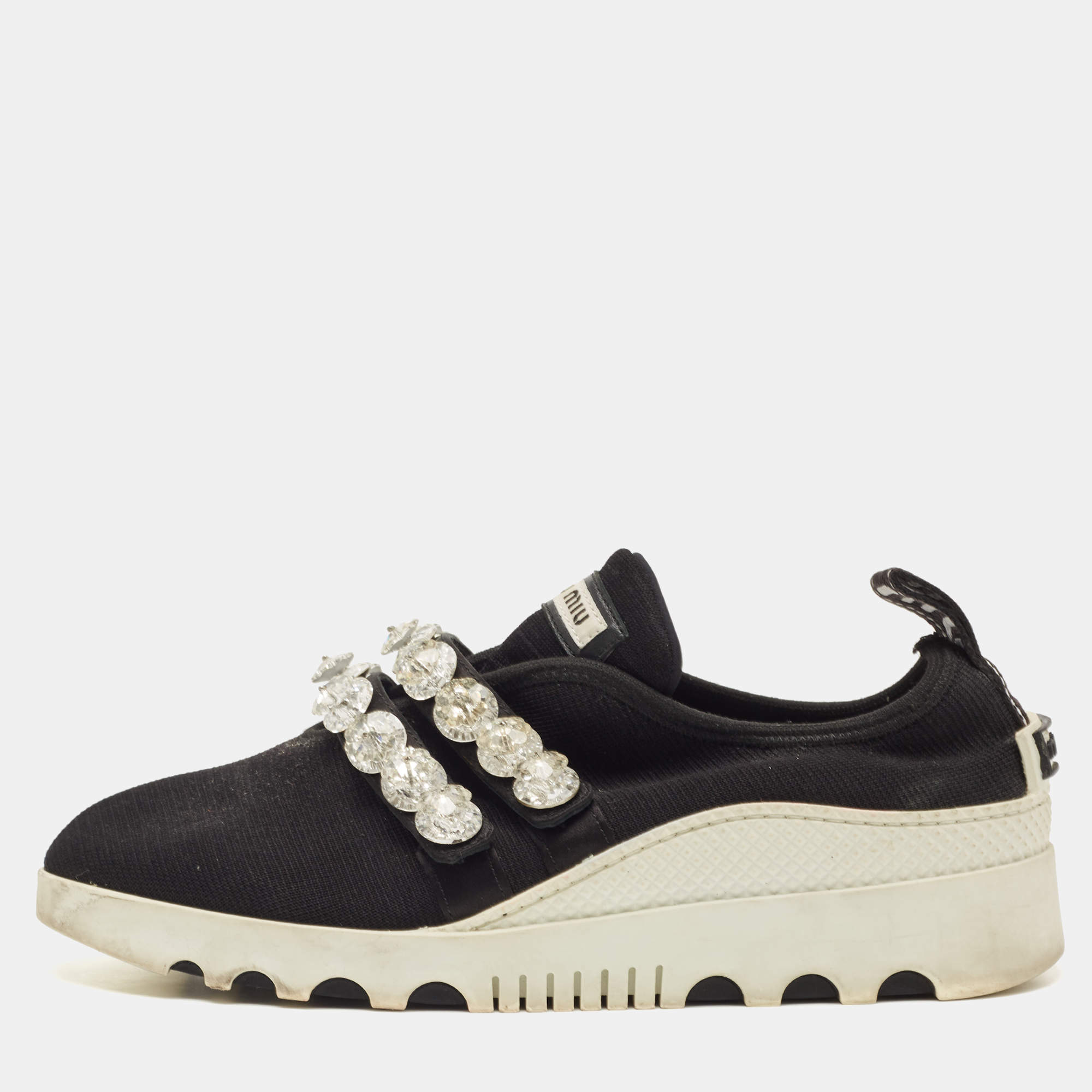 Miu Miu Black Knit Fabric Crystal Embellished Slip On Sneakers Size 38 Miu Miu | The Luxury Closet