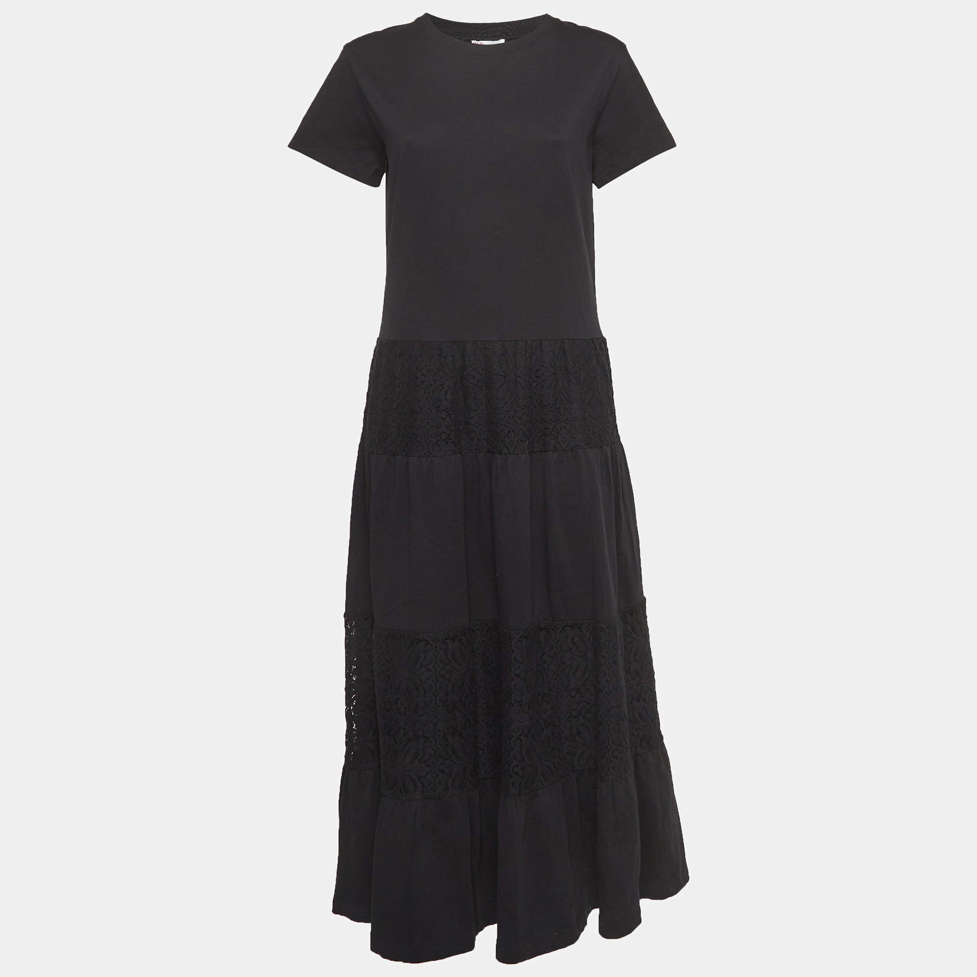 Red Valentino Black Lace Trimmed Abito Jersey Tiered Maxi Dress S Red