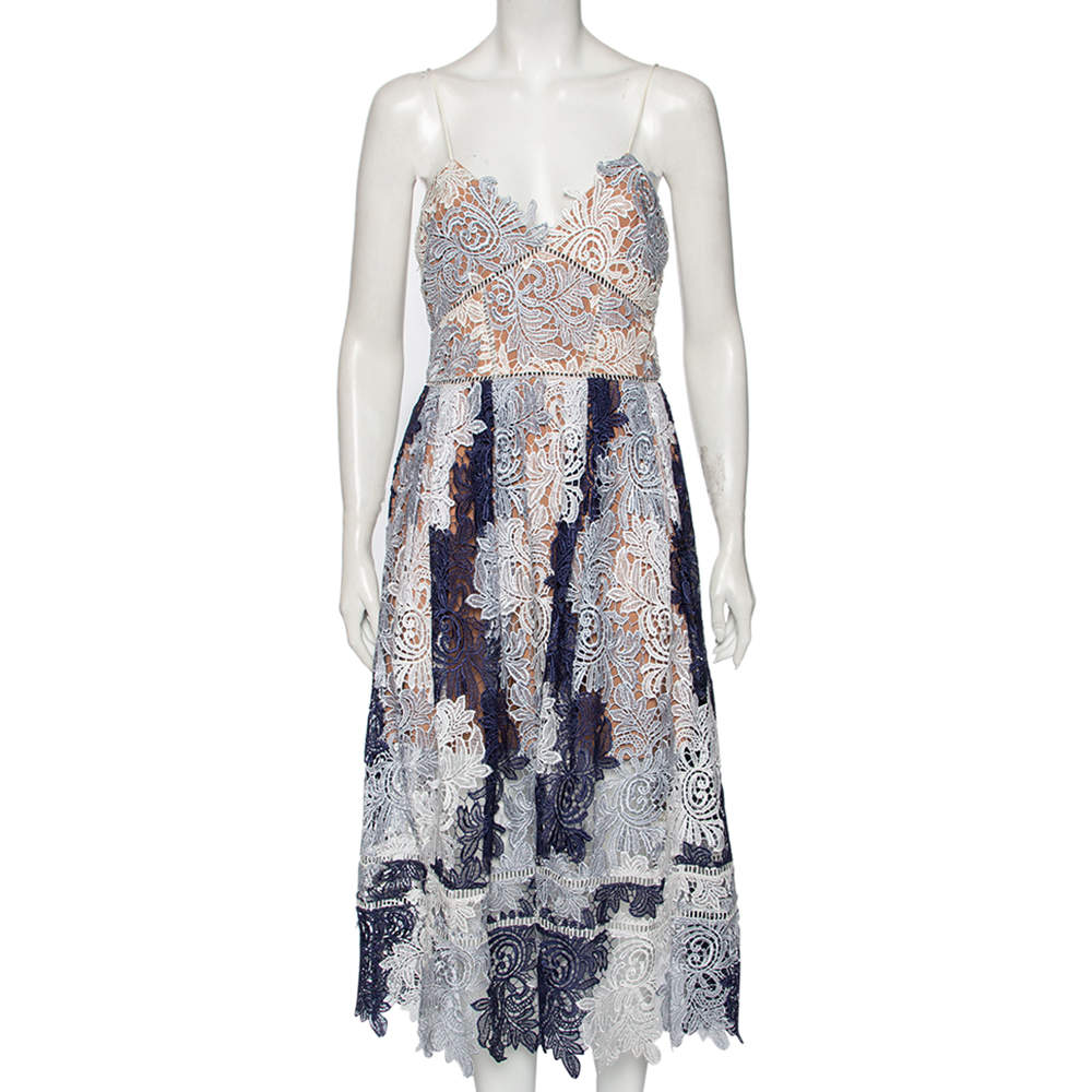 Self-Portrait Navy Blue & White Guipure Lace Pleated Camellias Dress M ...