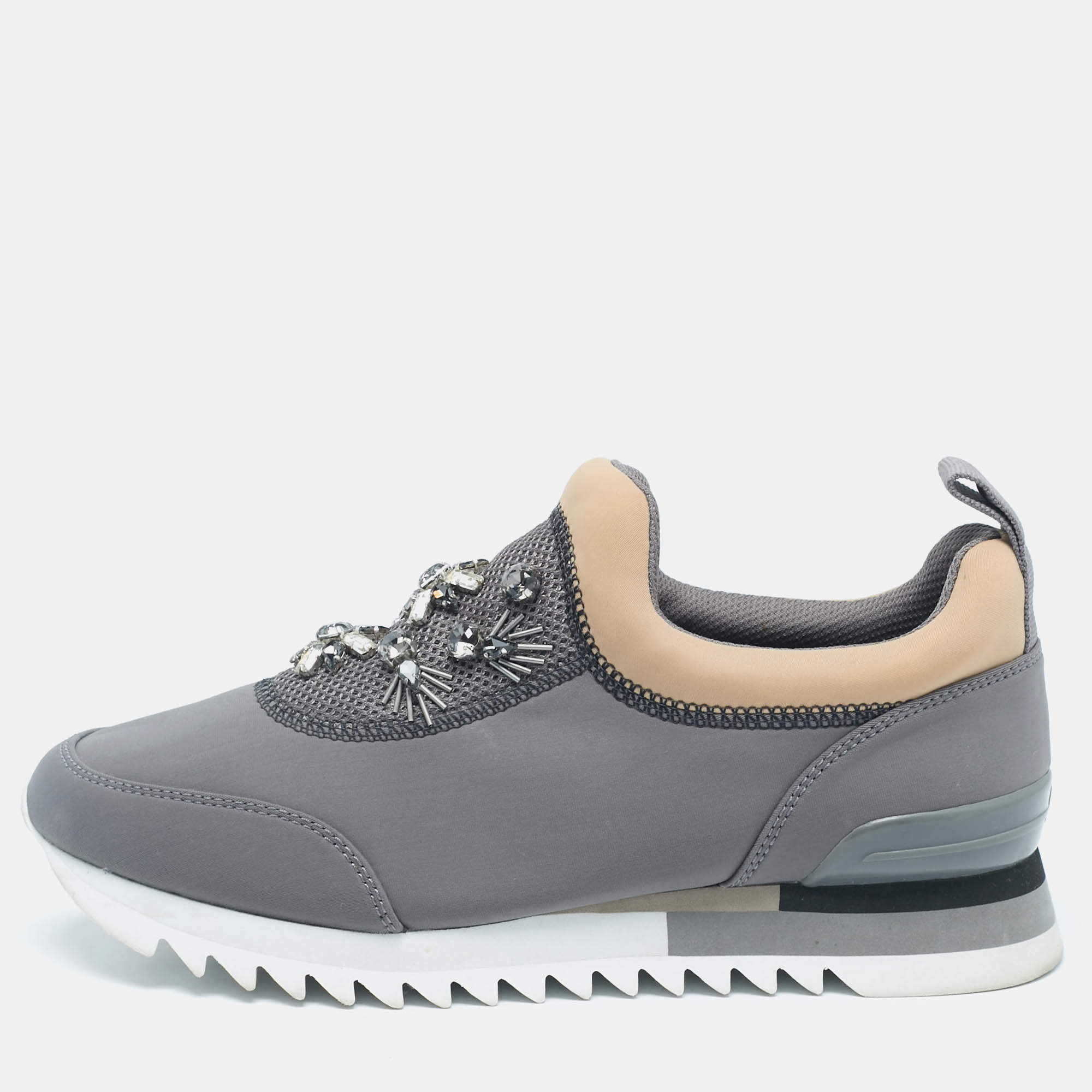 Tory Burch Grey/Brown Fabric Storm Cloud Crystal Embellished Slip On ...