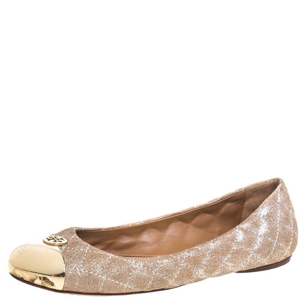 Tory Burch Beige Quilted Nubuck Leather Kaitlin Metal Cap Toe Ballet
