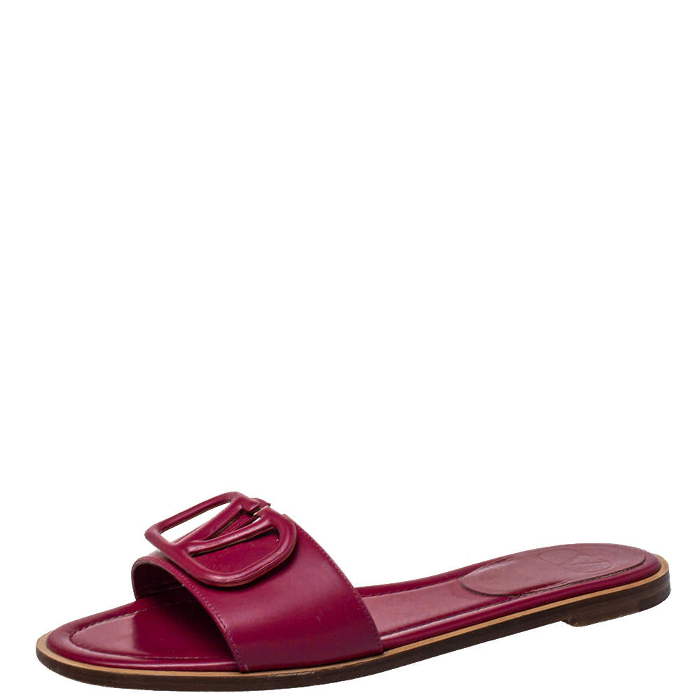 Valentino Red Leather V logo Flat Sandals Size 37.5 Valentino | TLC
