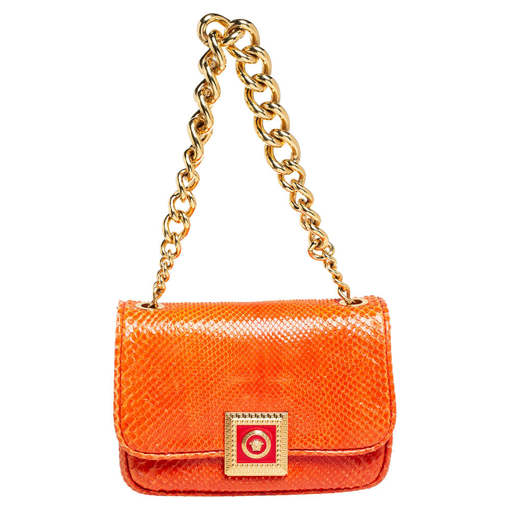 Versace Orange Embossed Python Leather Medusa Flap Shoulder Bag Versace ...