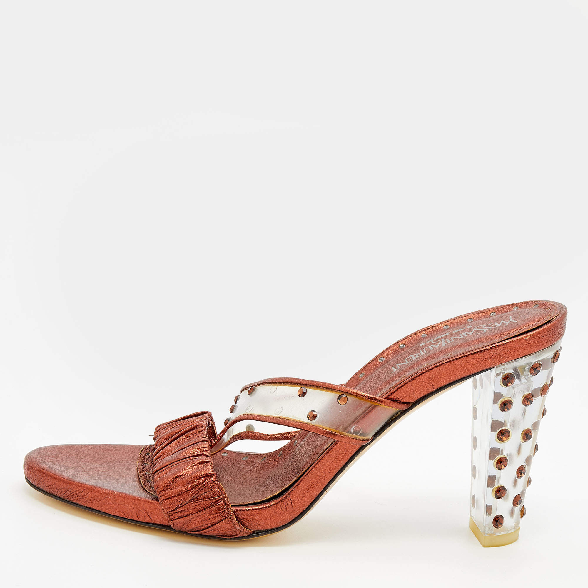 Yves Saint Laurent Metallic Bronze Leather And PVC Crystal Embellished ...