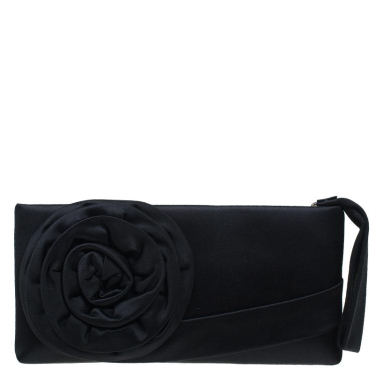 Valentino Black Satin Frilled Flower Clutch Valentino | The Luxury Closet