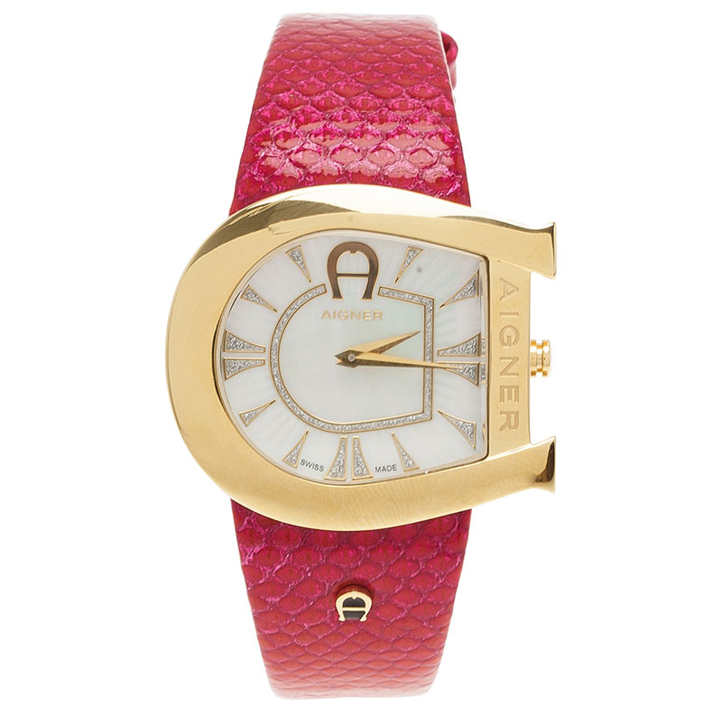 Aigner Genua Quartz Mother Of Pearl Diamond Dial Gold Tone Stainless ...