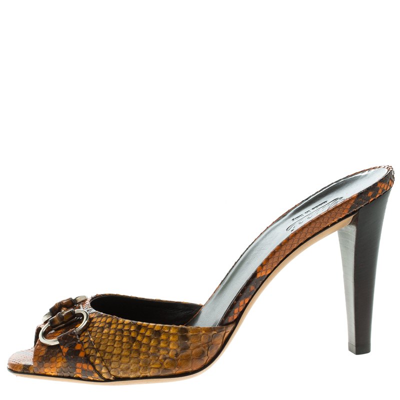 Gucci Orange Python Horsebit Bamboo Detail Peep Toe Slides Size 40 ...