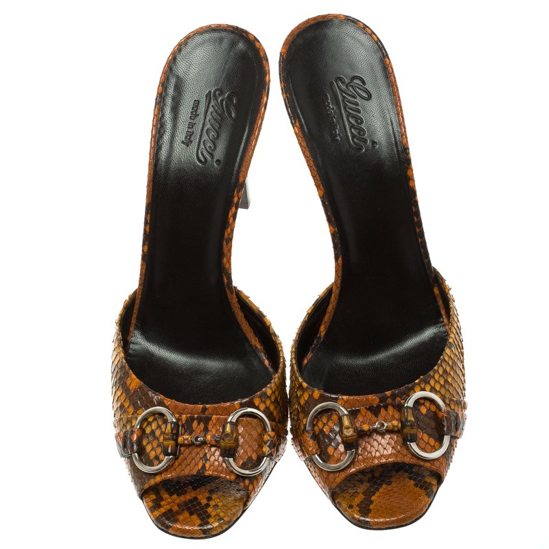 Gucci Orange Python Horsebit Bamboo Detail Peep Toe Slides Size 40 ...