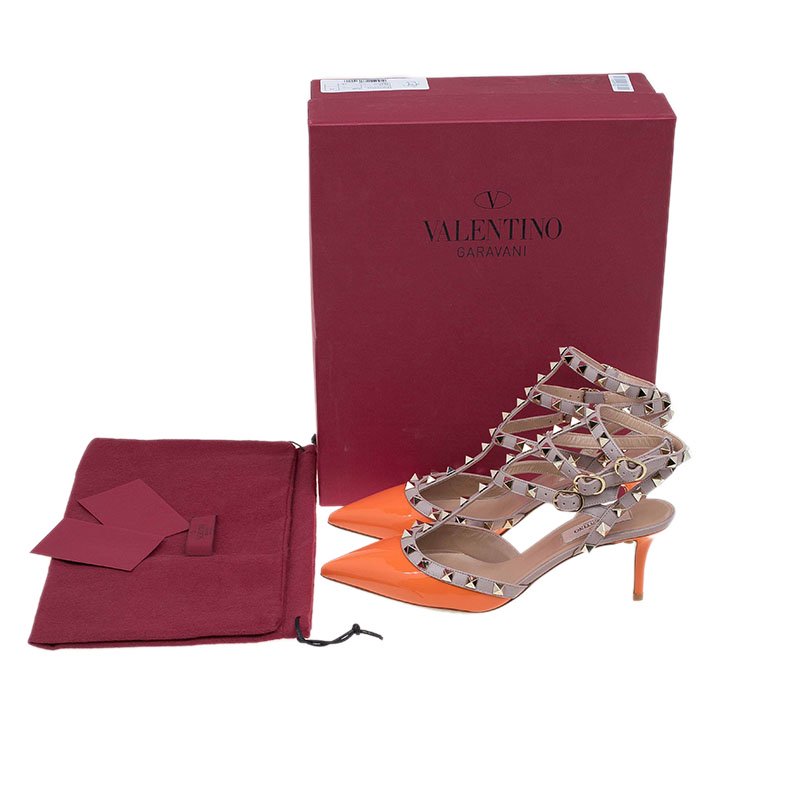 Valentino Orange and Beige Leather Rockstud Sandals Size 38 Valentino | TLC