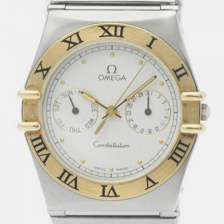 Omega White 18k Yellow Gold Stainless Steel Constellation Quartz Men's ...