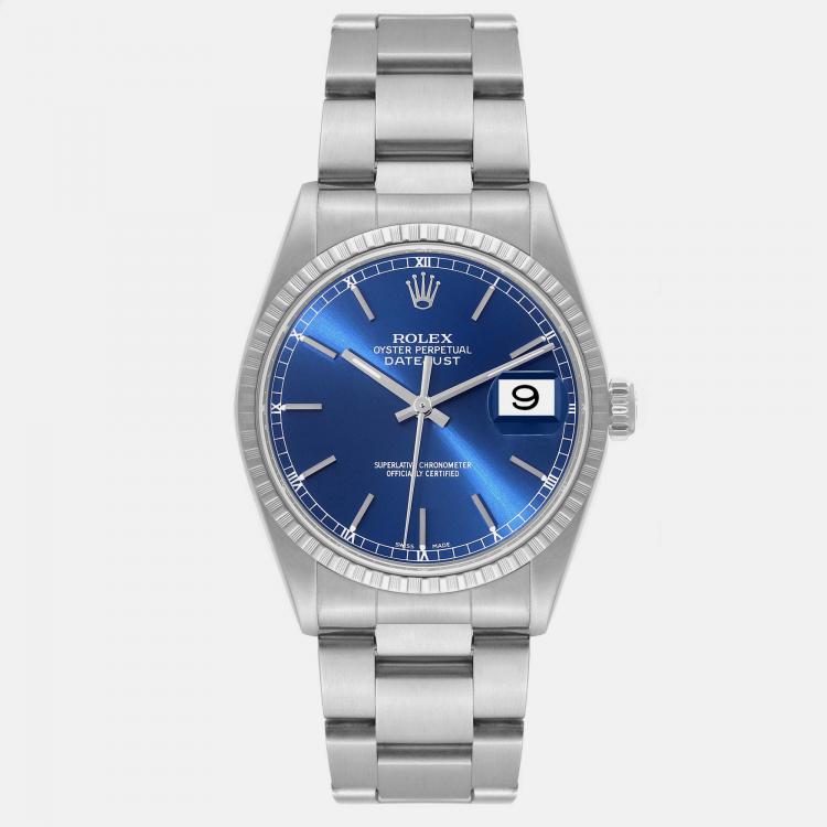 Rolex Datejust Blue Dial Engine Turned Bezel Steel Men's Watch 36 mm ...