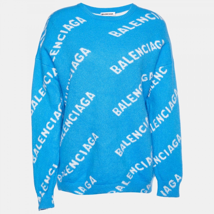 Balenciaga Blue All-Over Logo Pattern Wool Knit Sweater M Balenciaga ...