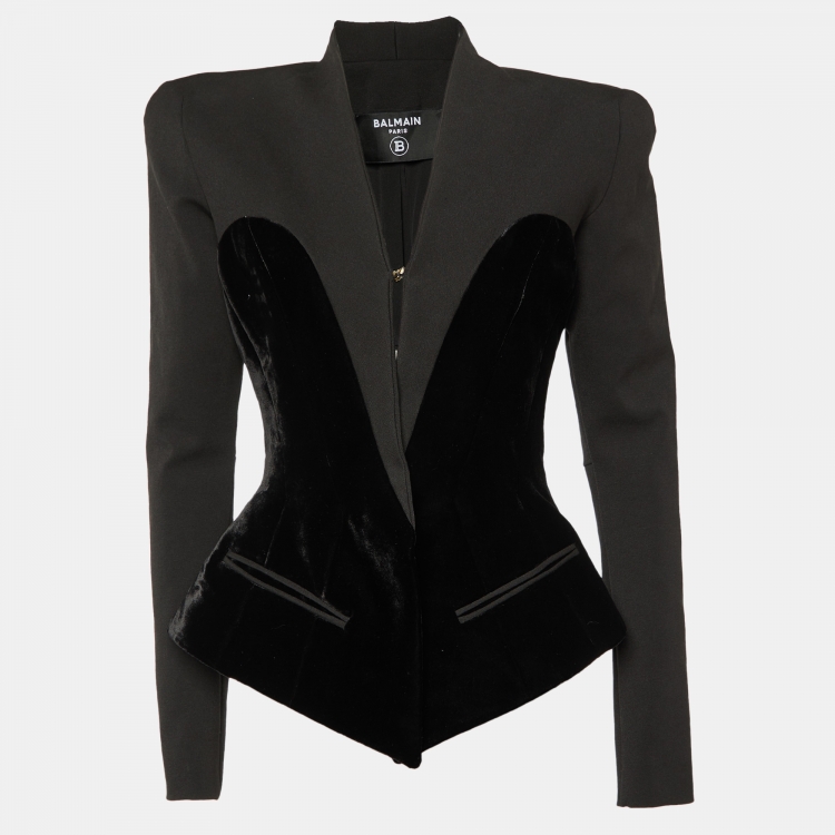 Balmain Black Cotton & Velvet Collarless Bustier Blazer M Balmain | The ...