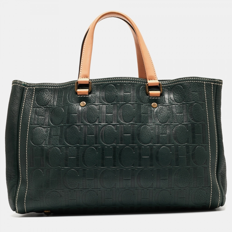 CH Carolina Herrera Dark Green Monogram Leather Andy Shopper Tote CH ...