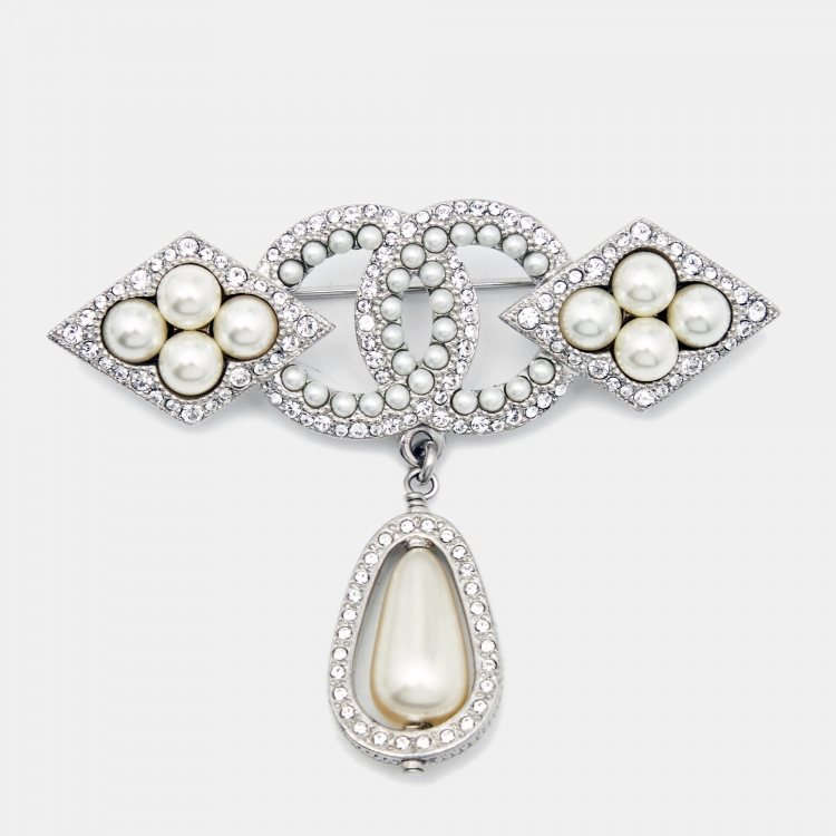Chanel Crystal Faux Pearl Silver Tone Brooch Chanel | The Luxury Closet