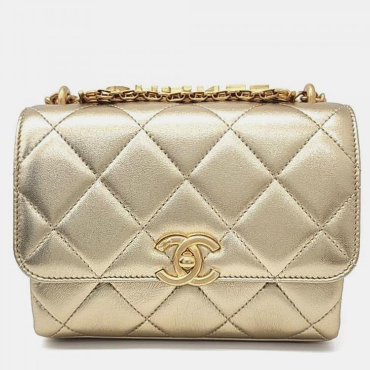 Chanel Gold Metallic Lambskin Quilted Mini CC Crystal Logo Chain Flap Bag Chanel TLC