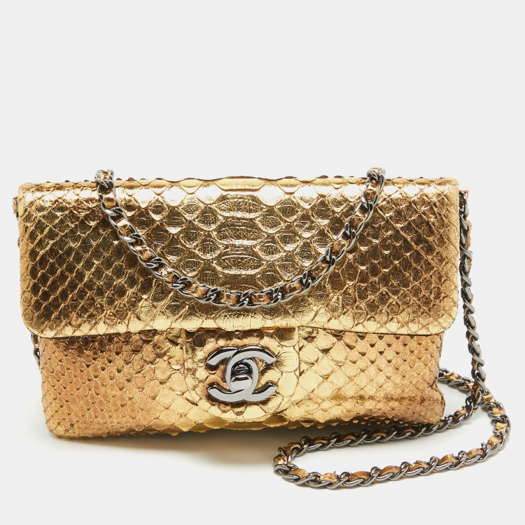 Chanel Two Tone Gold Python flap Chain Clutch Chanel | The Luxury Closet