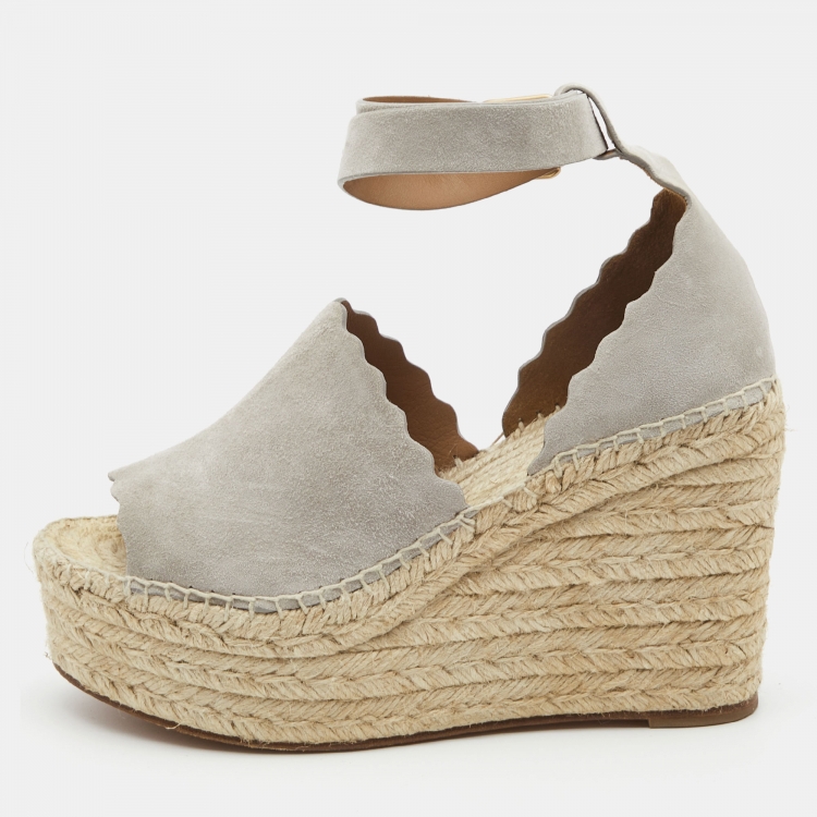 Chloe Grey Suede Scalloped Trim Lauren Ankle Wrap Espadrille Platform ... Chloe Grey Suede Scalloped Trim Lauren Ankle Wrap Espadrille Platform ...