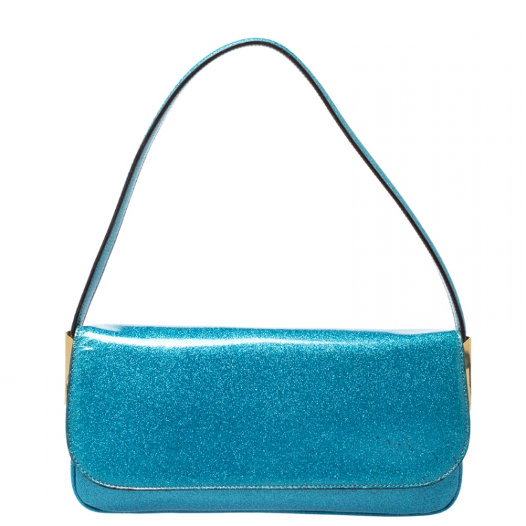 Dolce and Gabbana Blue Glitter Patent Leather Triple Compartment ...