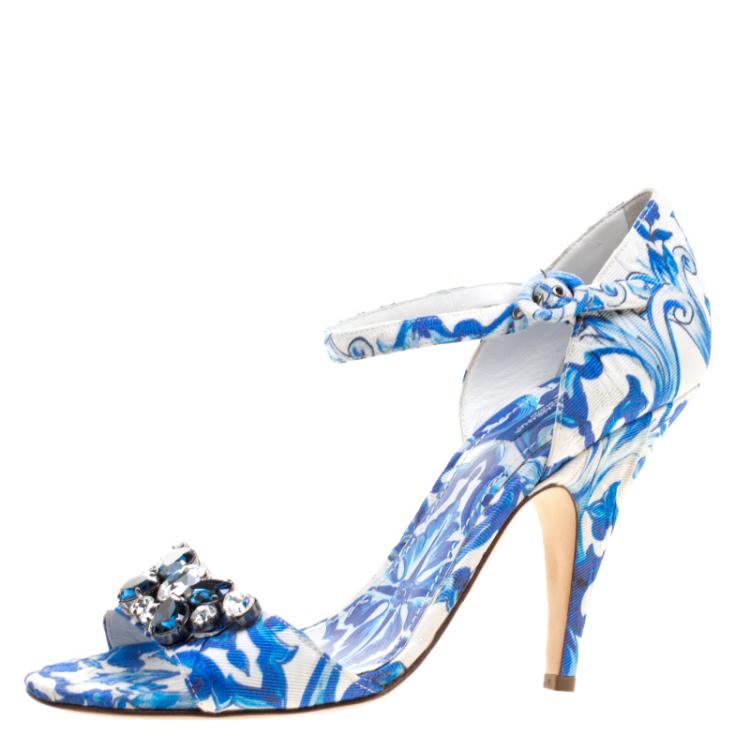Dolce And Gabbana Blue Crystal Embellished Majolica Printed Fabric