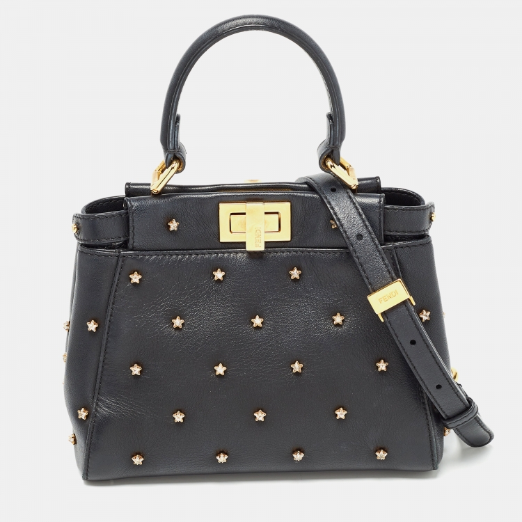 Fendi Black Leather Crystals Embellished Peekaboo Top Handle Bag Fendi ...