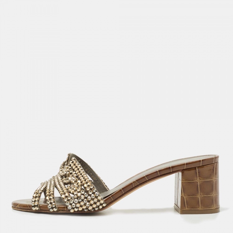 Gina Brown Croc Embossed Leather Crystal Embellished Slides Size 40 ...