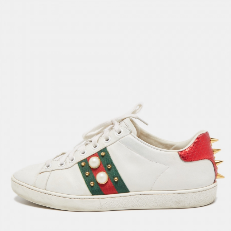 Gucci White Leather Faux Pearl and Spikes Embellished Ace Sneakers Size ...