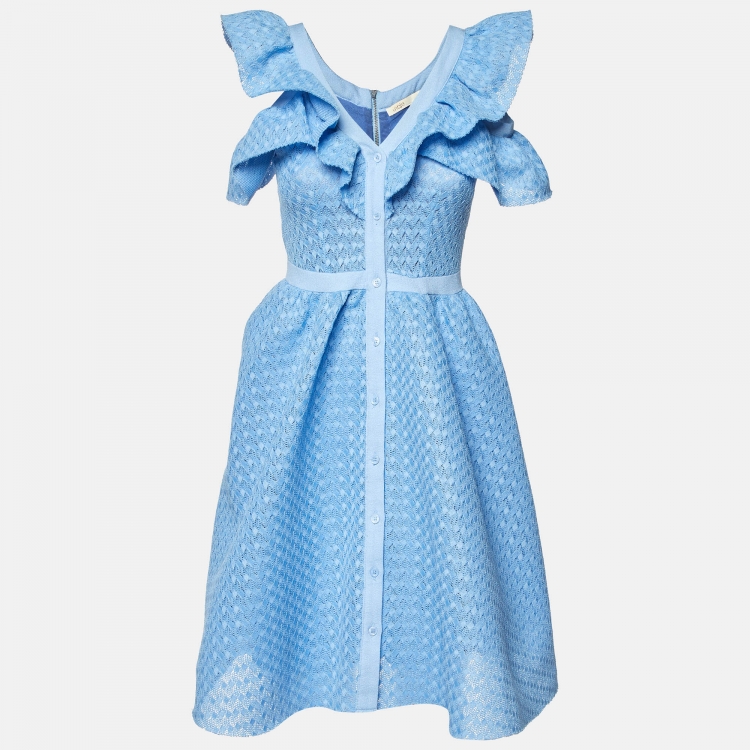 Maje Blue Lace Reglisse Ruffled Cold Shoulder Dress S Maje | The Luxury ...