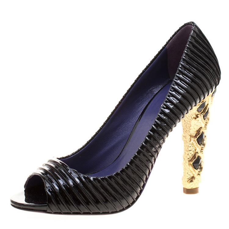 Miu Miu Black Plisse Patent Leather Crystal Embellished Heel Peep Toe ... Miu Miu Black Plisse Patent Leather Crystal Embellished Heel Peep Toe ...