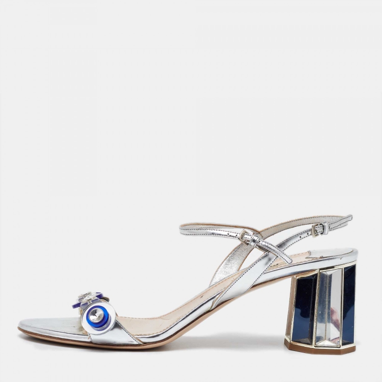 Miu Miu Metallic Silver Patent Leather Crystal Embellished Block Heel Ankle Strap Sandals Size ...