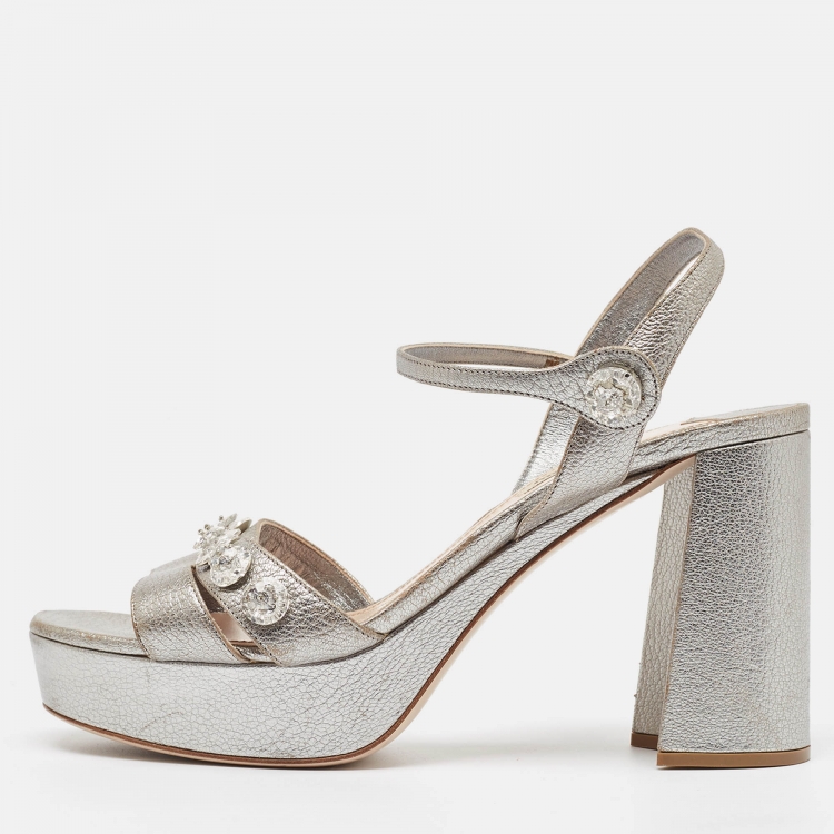 Miu Miu Silver Leather Crystal Embellished Ankle Wrap Sandals Size 40 Miu Miu | The Luxury Closet