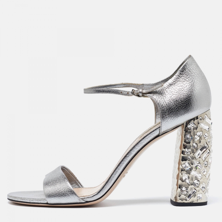 Miu Miu Silver Leather Crystal Embellished Block Heel Ankle Strap Platform Sandals Size 42 Miu ...