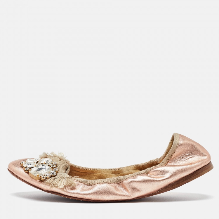 Miu Miu Metallic Rose Gold Leather Crystal Embellished Scrunch Ballet Flats Size 38.5 Miu Miu ...