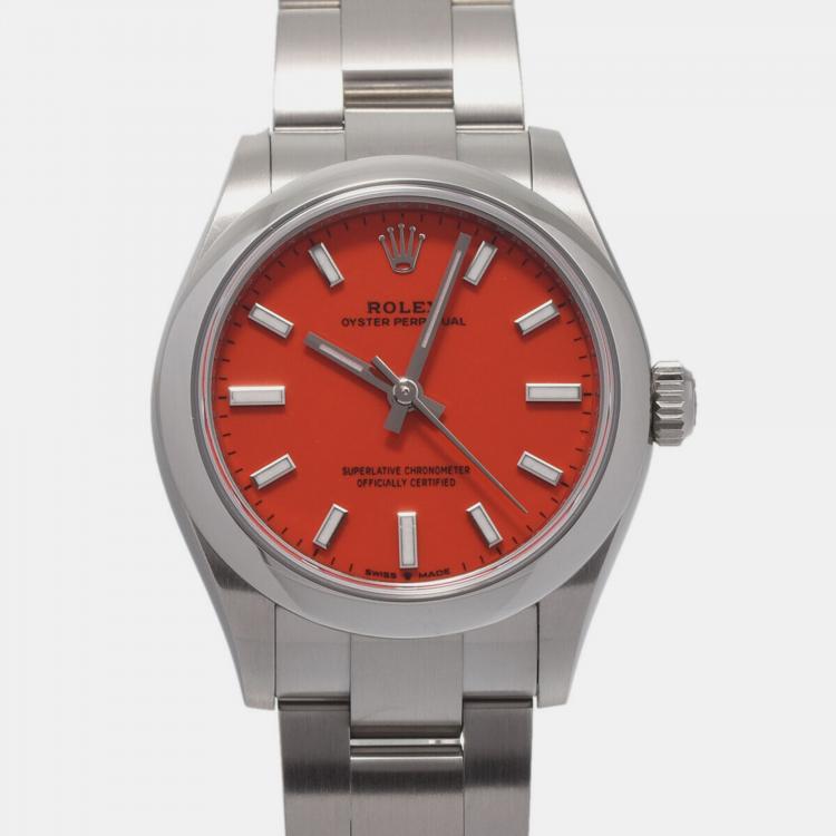 Rolex Red Stainless Steel Oyster Perpetual Automatic Women's Wristwatch ...