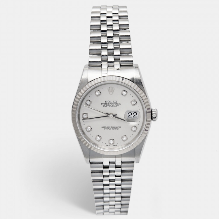 Rolex Silver Diamond 18K White Gold Stainless Steel Datejust 16234 ...