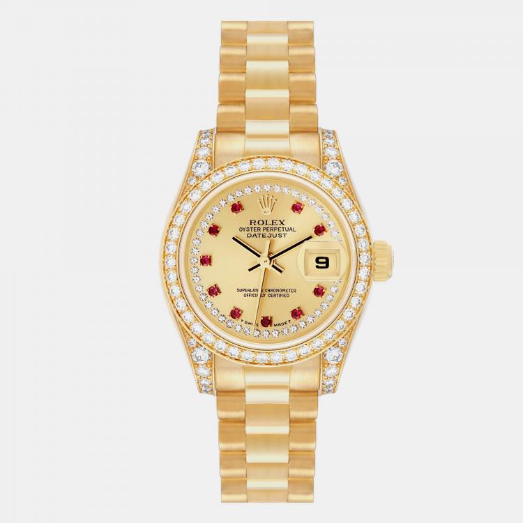 Rolex President Datejust Yellow Gold String Diamond Ruby Ladies Watch ...
