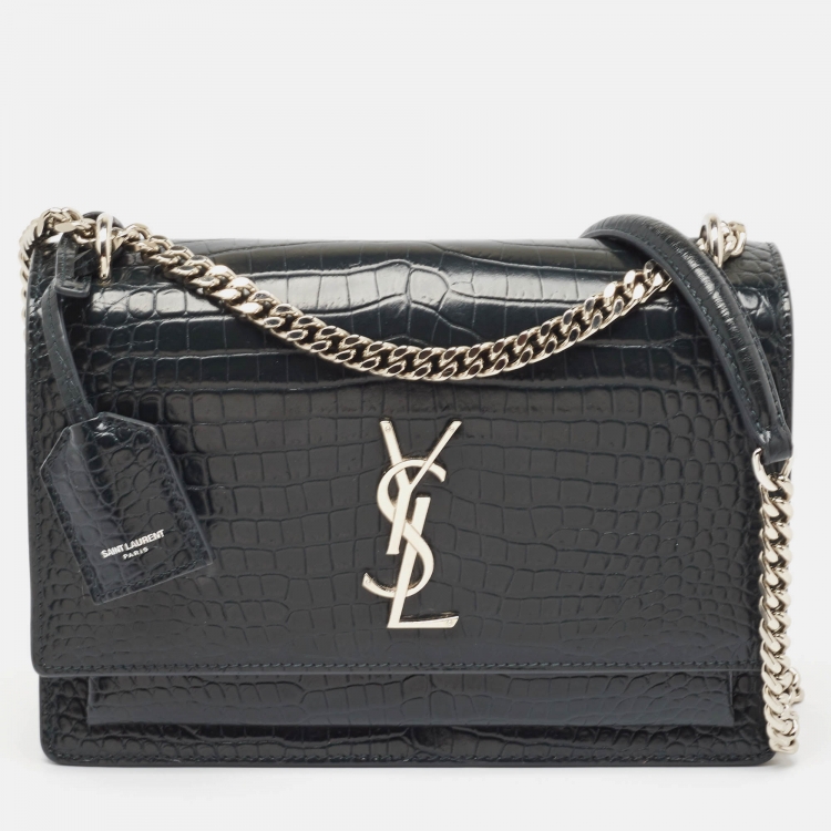 Saint Laurent Dark Green Croc Embossed Leather Medium Sunset Shoulder ... Saint Laurent Dark Green Croc Embossed Leather Medium Sunset Shoulder ...