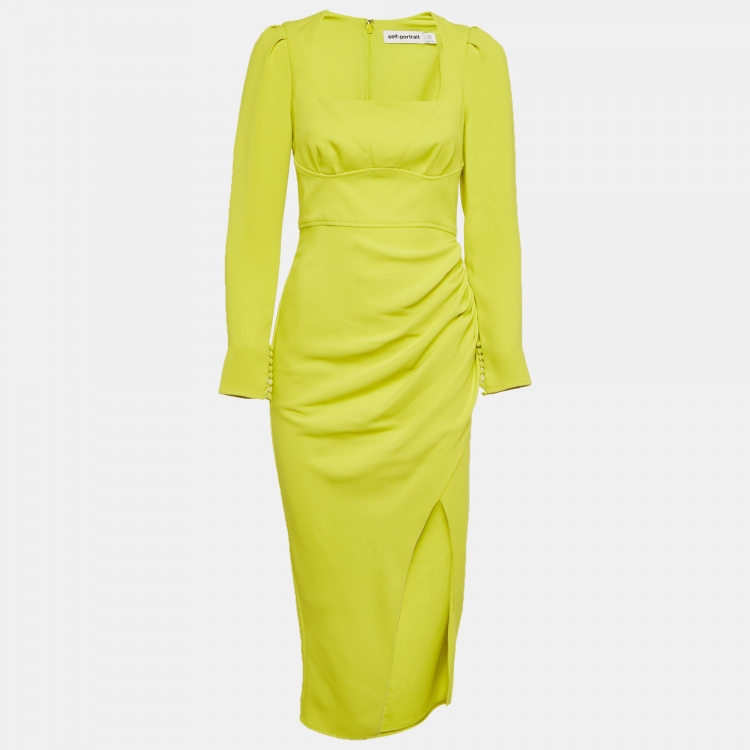 Self-Portrait Green Crepe Ruche Midi Dress S Self-Portrait | TLC