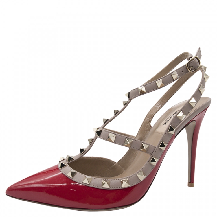 Valentino Red Patent Leather Rockstud Embellished Pointed Toe Sandals ...