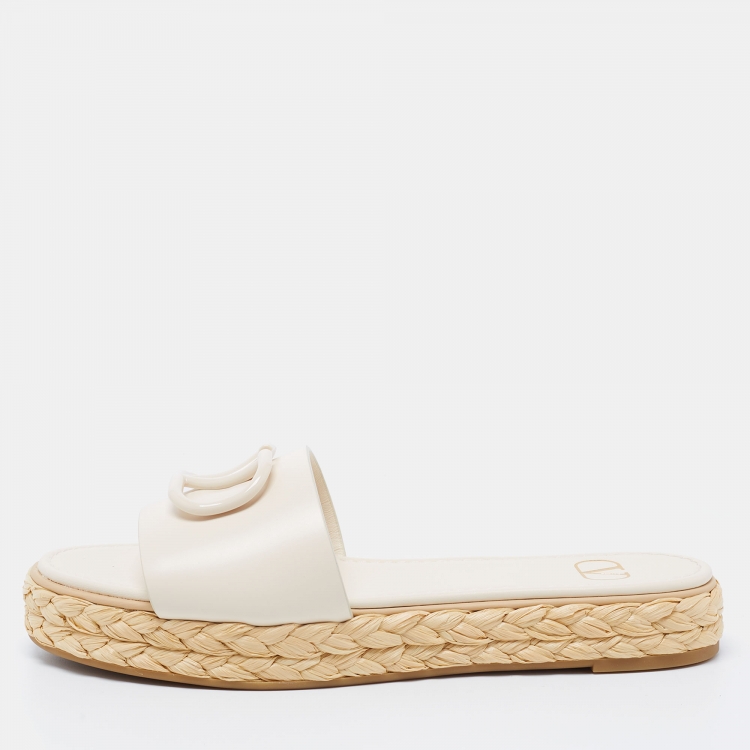 Valentino Off-White Leather VLogo Signature Raffia Espadrille Flat ...