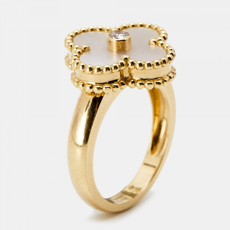 Van Cleef & Arpels Vintage Alhambra Mother of Pearl Diamond 18k Yellow Gold Ring Size 49 Van ...