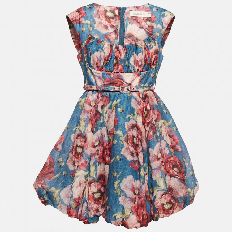 Zimmermann Blue Floral Print Linen Blend High Tide Mini Dress M ...