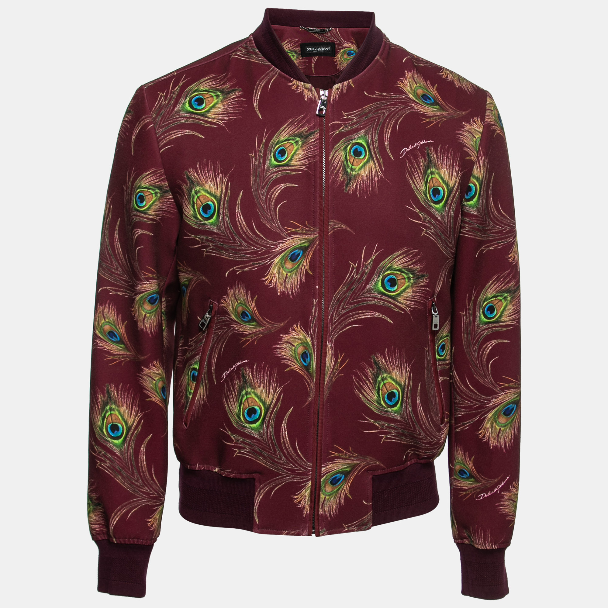 Pre-owned Dolce & Gabbana Burgundy Peacock Feather Print Knit Zip-front ...
