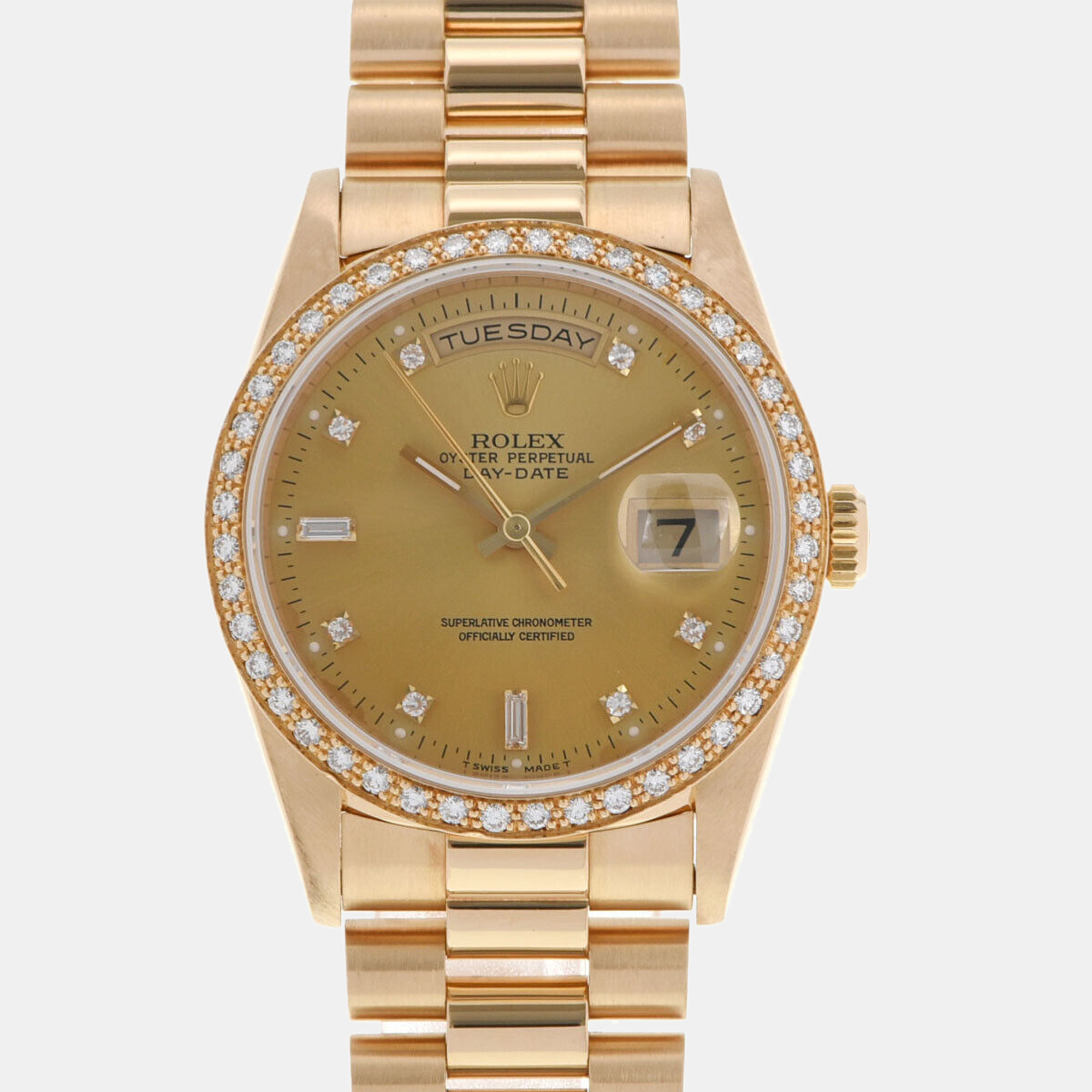 Pre-owned Rolex Champagne Diamond 18k Yellow Gold Day-date 18348 ...