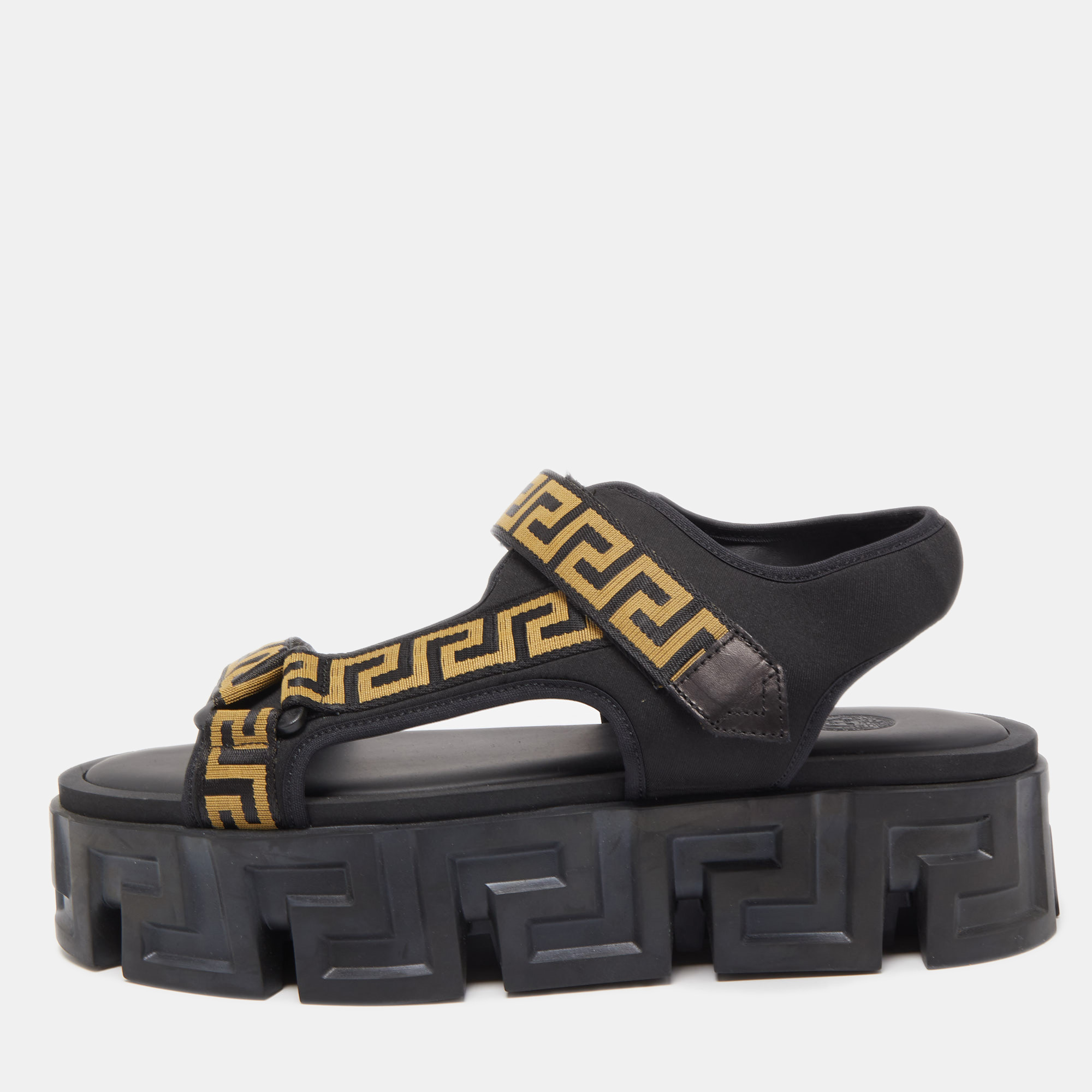 Versace Black Canvas and Fabric La Greca Platform Sandals Size 42 ...