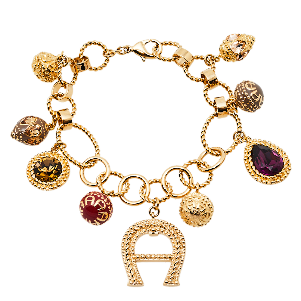 Pre-owned Aigner Crystal Gold Tone Charm Bracelet | ModeSens